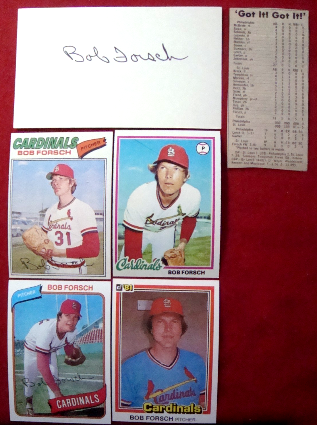 BOB FORSCH SIGNED 3X5 AUTOGRAPH & 4 BASEBALL CARDS ST. LOUIS CARDINALS ...