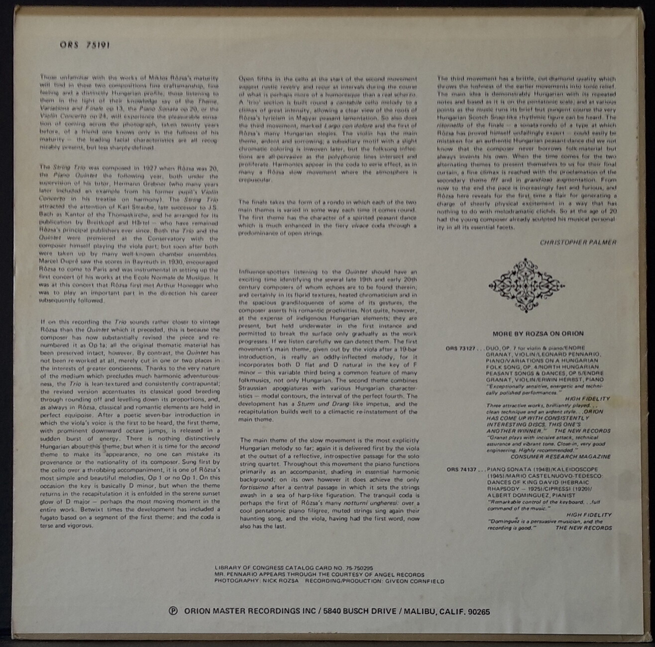 ORION OES 75191 MIKLOS ROZSA - PIANO QUINTET PENNARIO, GRANAT, 1975 US ...