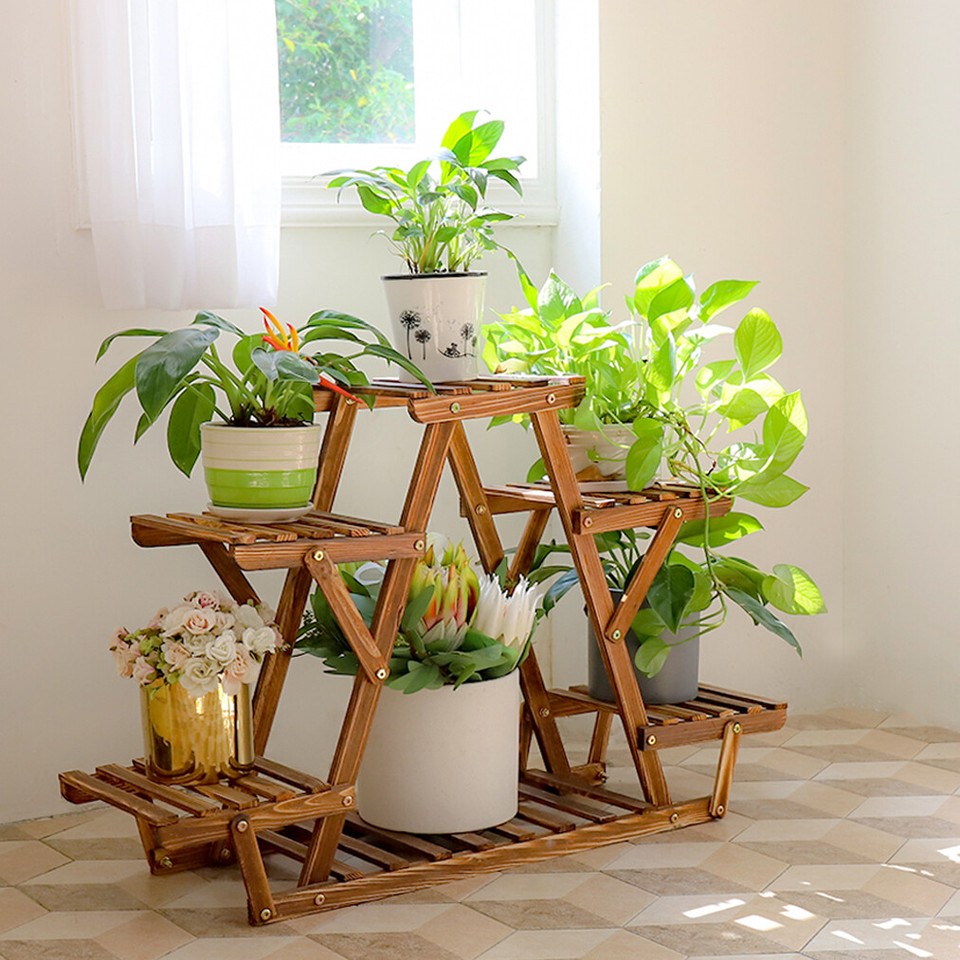 Carbonized Triangle 6 Tier Corner Wood Plant Stand Flower Pots Rack ...