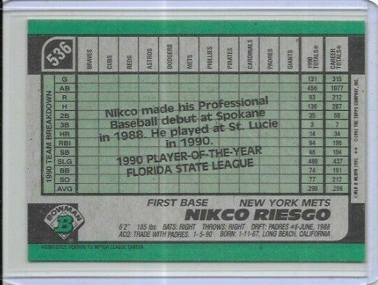 1991 Bowman #536 Nikco Riesgo New York Mets MVP | eBay