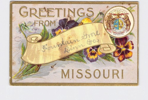 PPC Postcard Big Large Letter Greetings MO Missouri Pansies State Seal ...