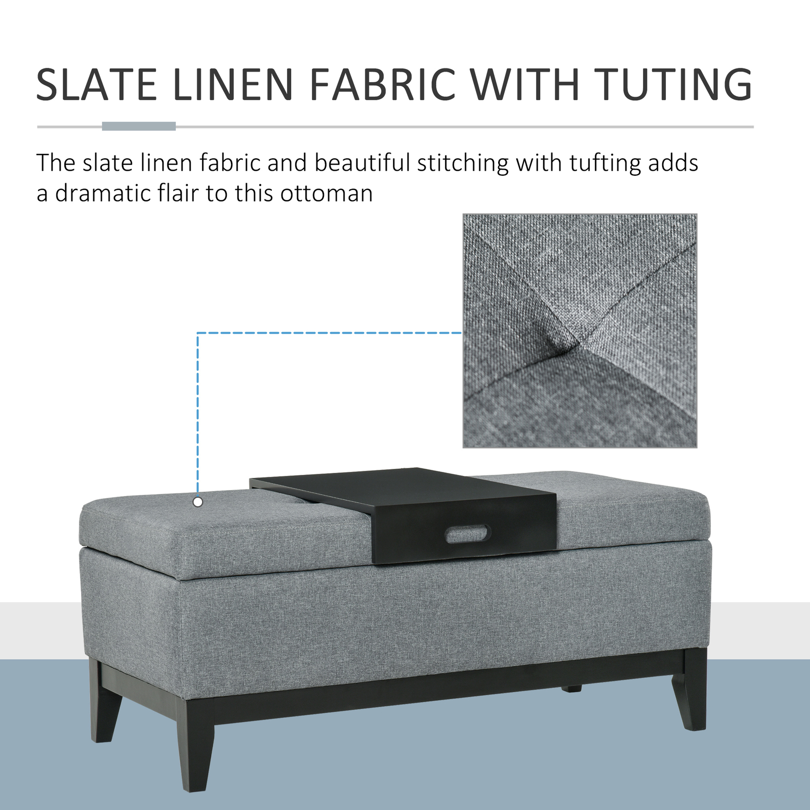 HOMCOM Rectangular Tufted Fabric Storage Bench Upholstered Ottoman Tray ...