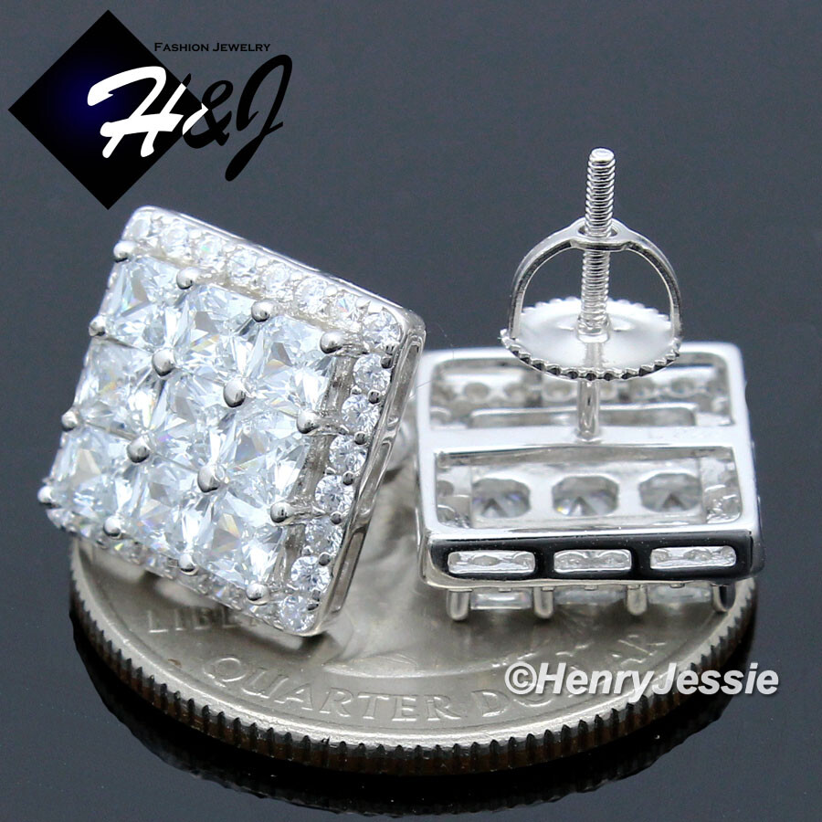 MEN SOLID 925 STERLING SILVER 12MM ICY CZ SQUARE 3D SCREW BACK STUD EARRING*E205 | eBay