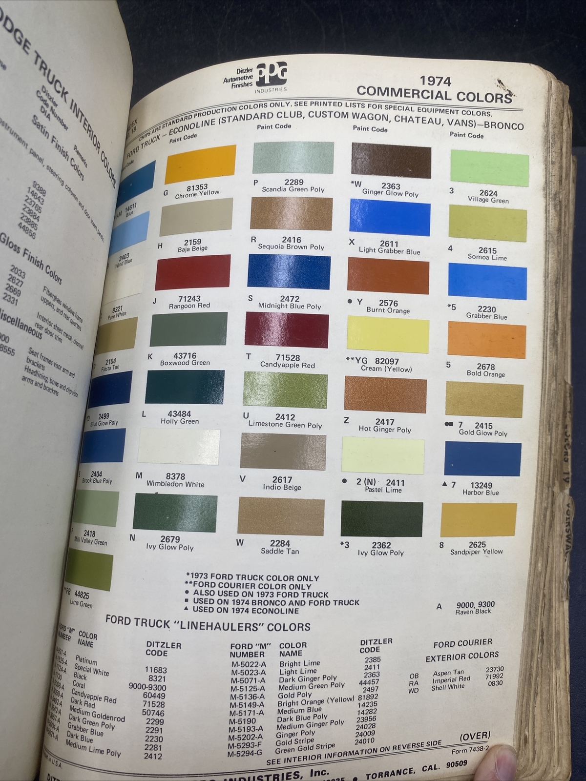 1974 Ditzler PPG Ford Trucks Commercial Colors Paint Chip Sheet Only ...