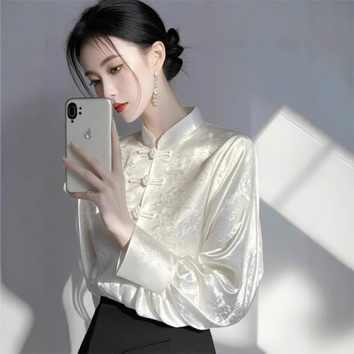 Spring Chinese Style Round Neck Shirt Women's Retro Satin Jacquard ...