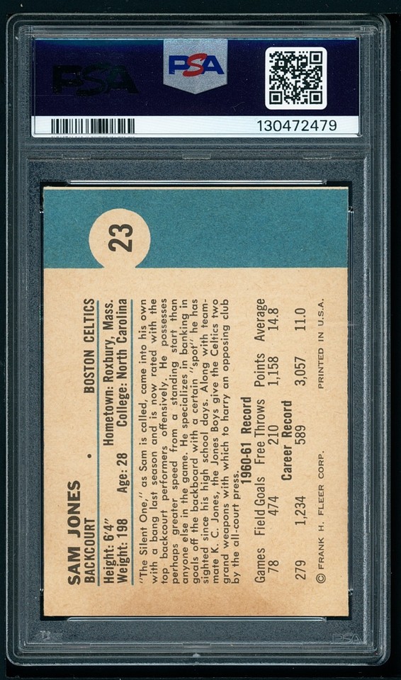 1961-62 Fleer SET-BREAK #23 Sam Jones RC HOF Rookie PSA 7+ NEWLY GRADED ...