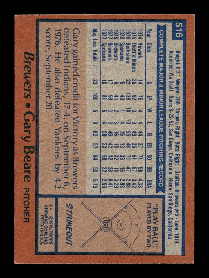 1978 Topps #516 Gary Beare Milwaukee Brewers VG-EX+ Baseball Card *J70 ...
