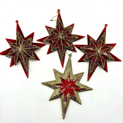 Lot Of 4 Red & Gold 8 Point Star Christmas Tree Ornaments | eBay