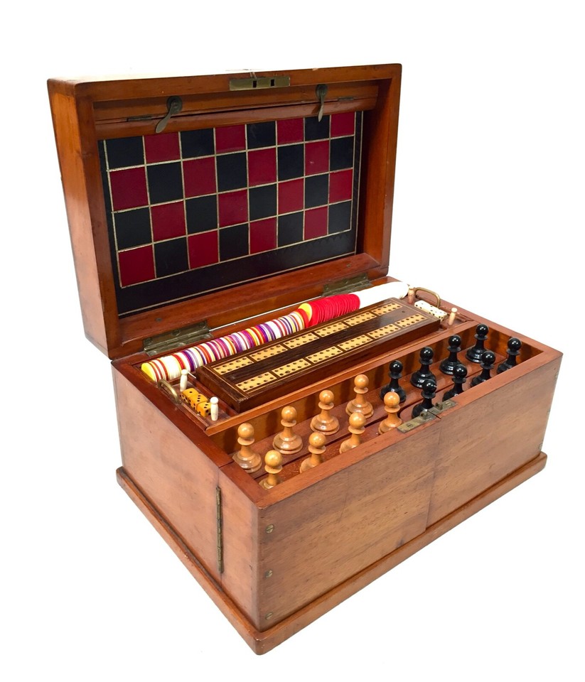 Antique 19th Century Victorian Games Compendium Box / Wooden Cabinet c ...