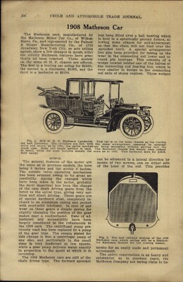 1907 PAPER AD CAR AUTO 2 PG ARTICLE 1908 Matheson Automobile Landaulet ...