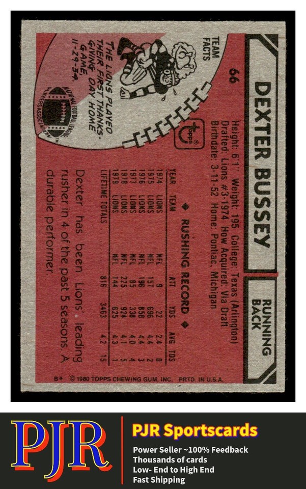 1980 Topps #66 Dexter Bussey Detroit Lions Extra 35% Off 4+ | eBay