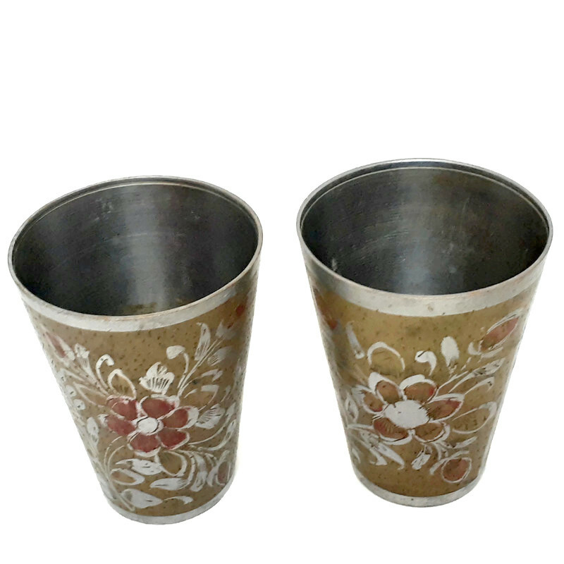 Vintage Antique Metal Cups Consisting Set 2 Hand Drawn Cups Roses And ...