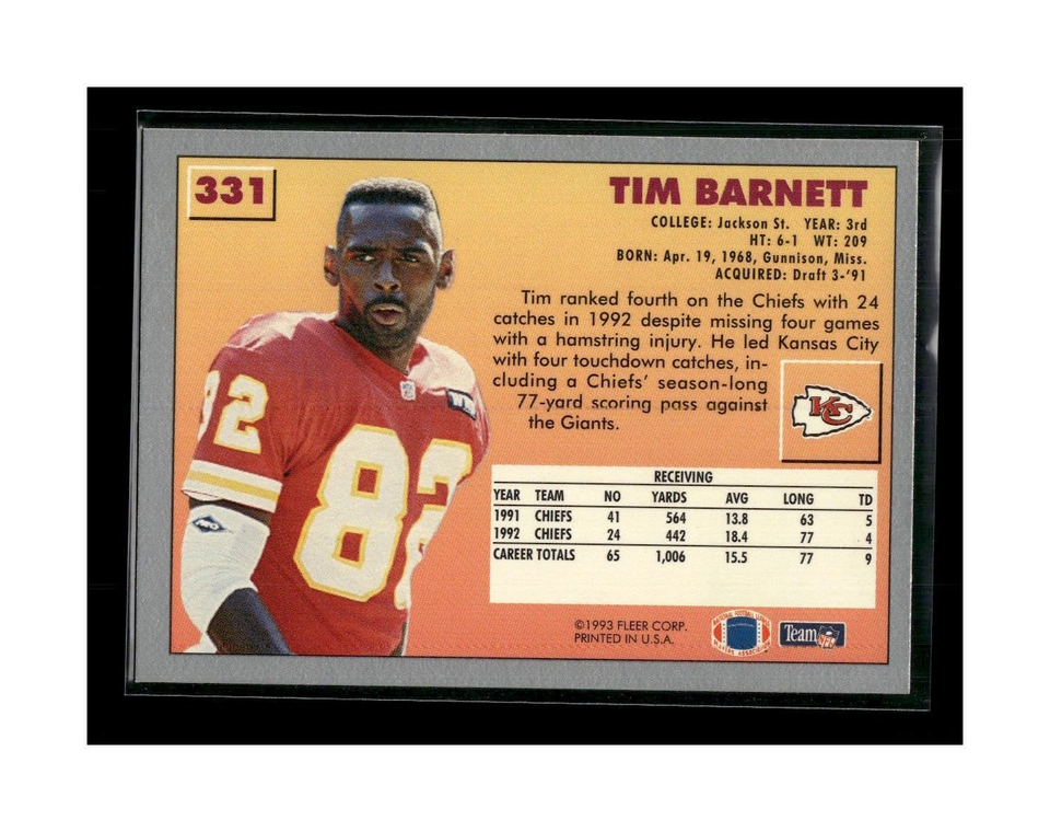 1993 Fleer Tim Barnett #331 Kansas City Chiefs NFL Football | eBay