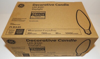 NIB GE 24 PACK DECORATIVE CANDLE LED B10C DAYLIGHT 60W CANDELABRA BASE ...
