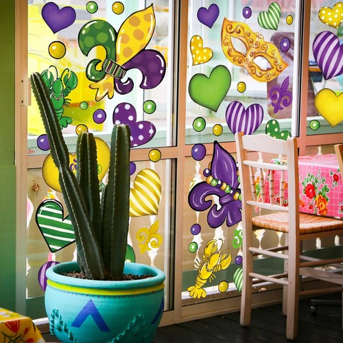 9 Sheet Mardi Gras Window Clings Carnival Mask Lobster Purple, Yellow ...