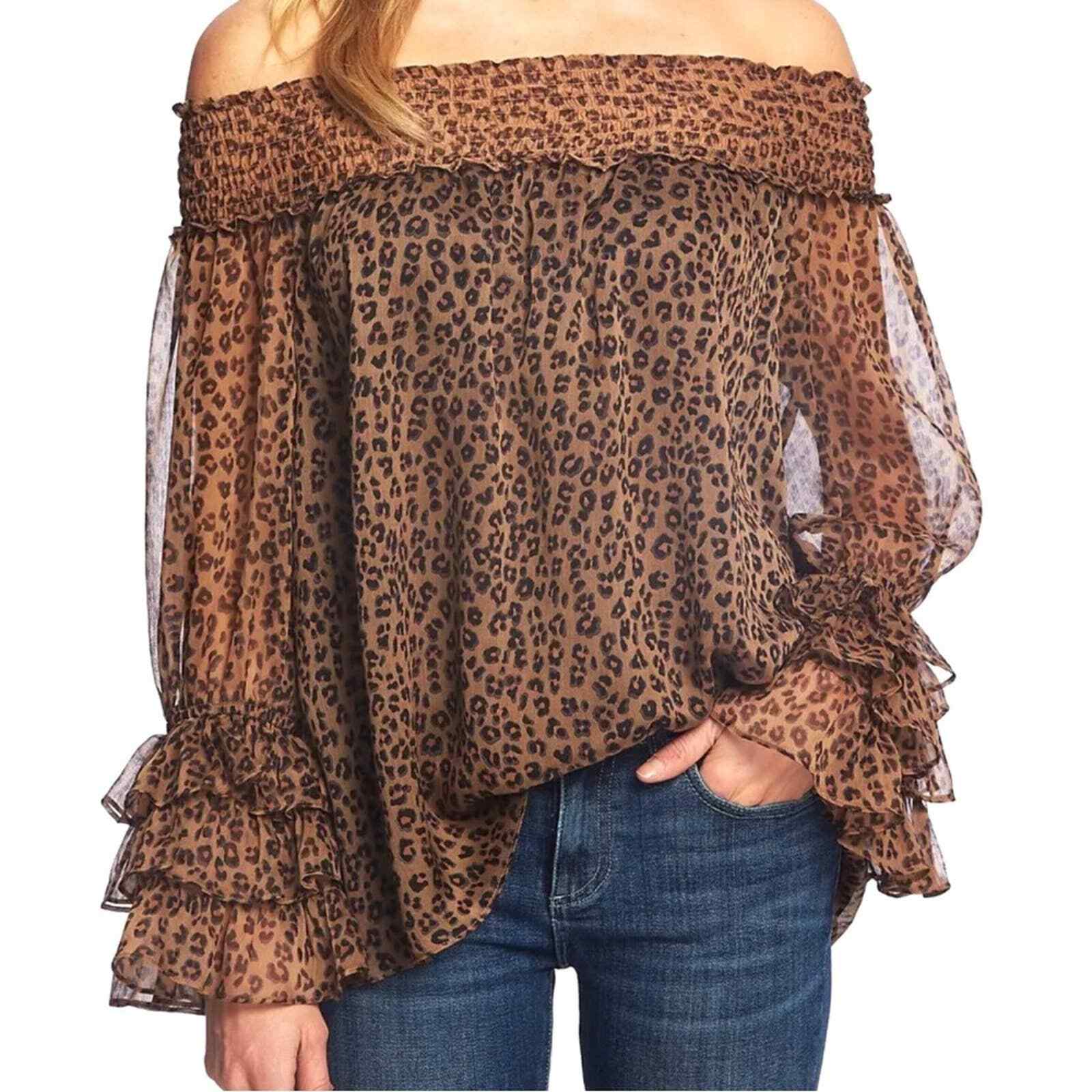CeCe Leopard Print Off the Shoulder Ruffle Sleeve Top - Gem