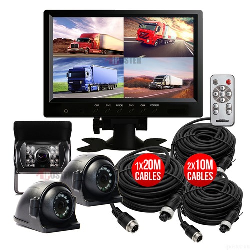 9" Quad Monitor Split Screen Reversing 3 Camera IR CCD 4PIN Kit Truck ...