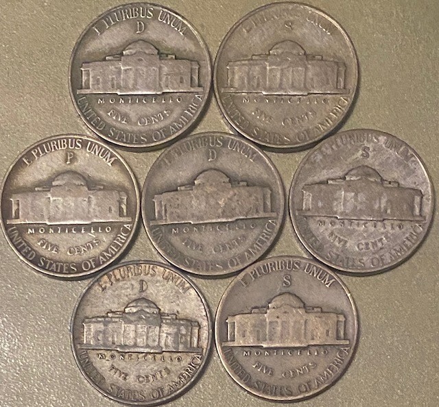 1942-1945 SILVER WAR NICKELS PDS SHORT SET OF (7) LOW MINTAGE COINS ...