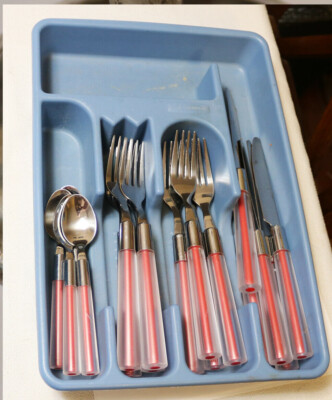 Vintage Clear Plastic Handle w Red Middle Stainless Flatware Set ...