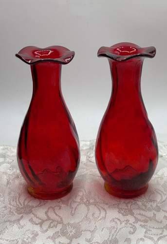Kanawha Glass Ruby Red Bud Vases w/Cadmium Twisted Optic 5 1/2 inches H ...