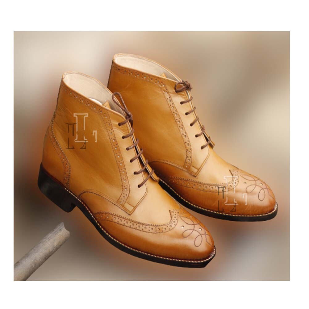 Handmade Men's High Ankle Tan Wing Tip Pure Leather Brogue Lace Up Boot ...