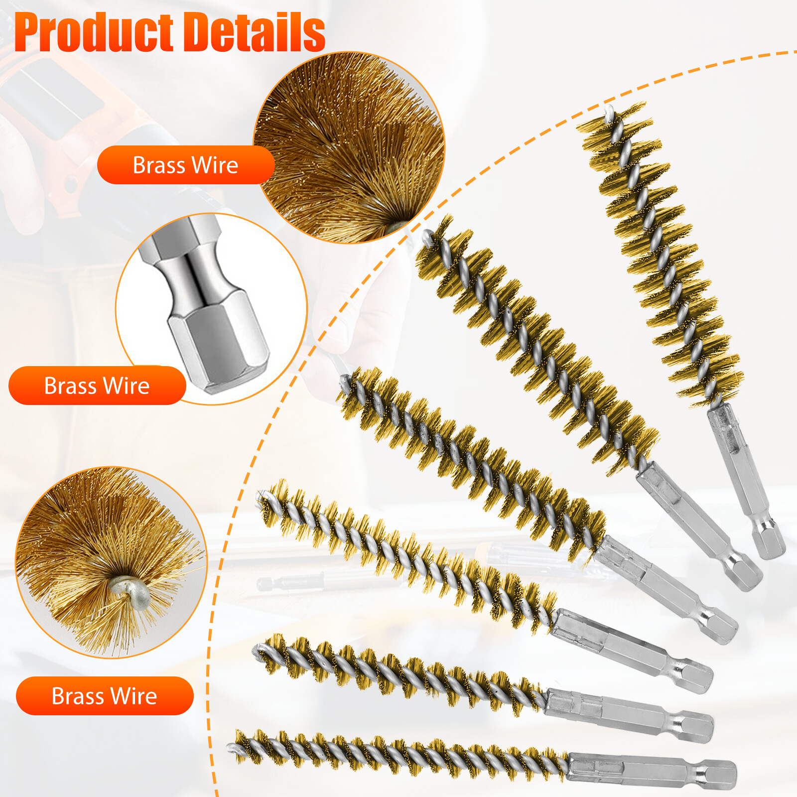 6x 1/4in Hex Shank Brass Bore Cleaning Brushes 8-19mm Wire Brush for ...