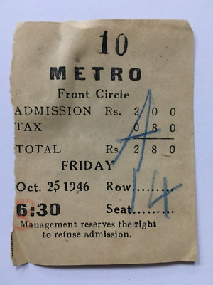 1946 Original Bollywood Movie Ticket. METRO, BOMBAY - Friday Night | eBay