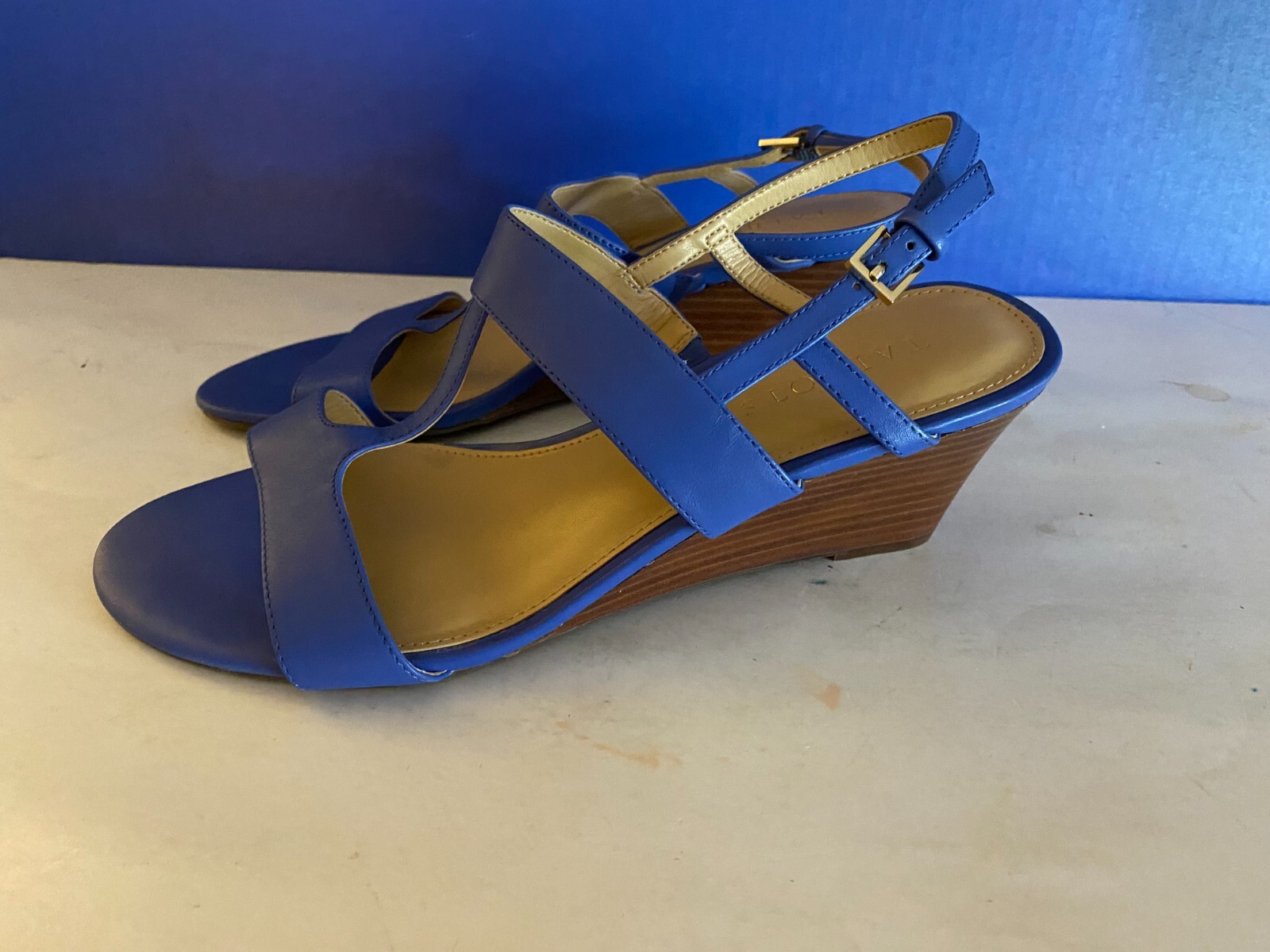 Women Talbots Strappy Leather Blue Wedge Sandels Size 9 Open Toe | eBay