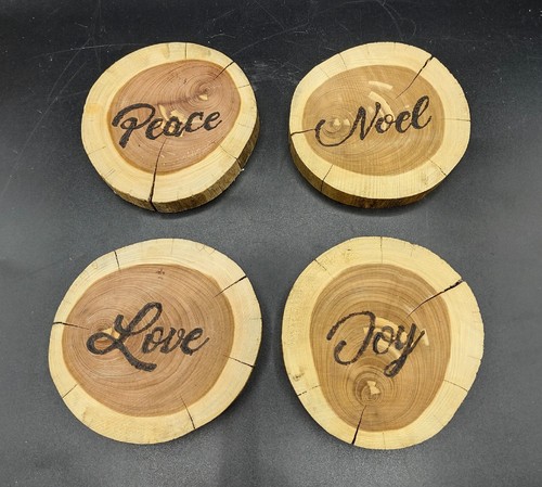 Christmas Holiday Tree Slice Coaster Set of 4 Pyrography Joy Peace Love ...