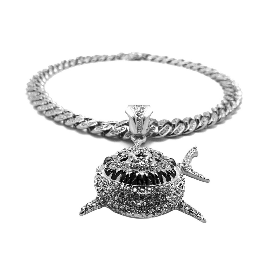 Iced Shark Pendant 16" 18" 20" 24" Full Iced Cuban Chain Bling 6ix9ine ...