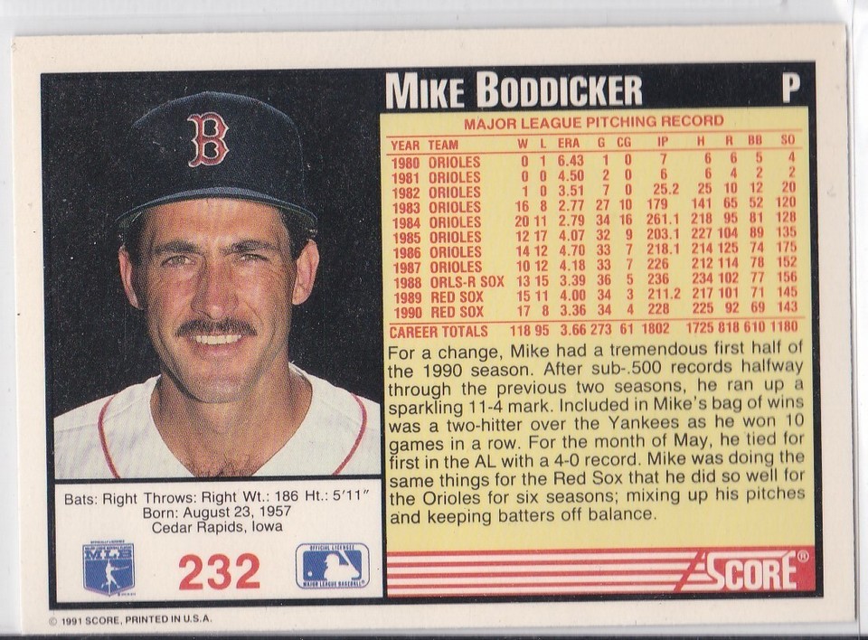 M) 1991 Score Baseball Trading Card - Mike Boddicker #232 | eBay