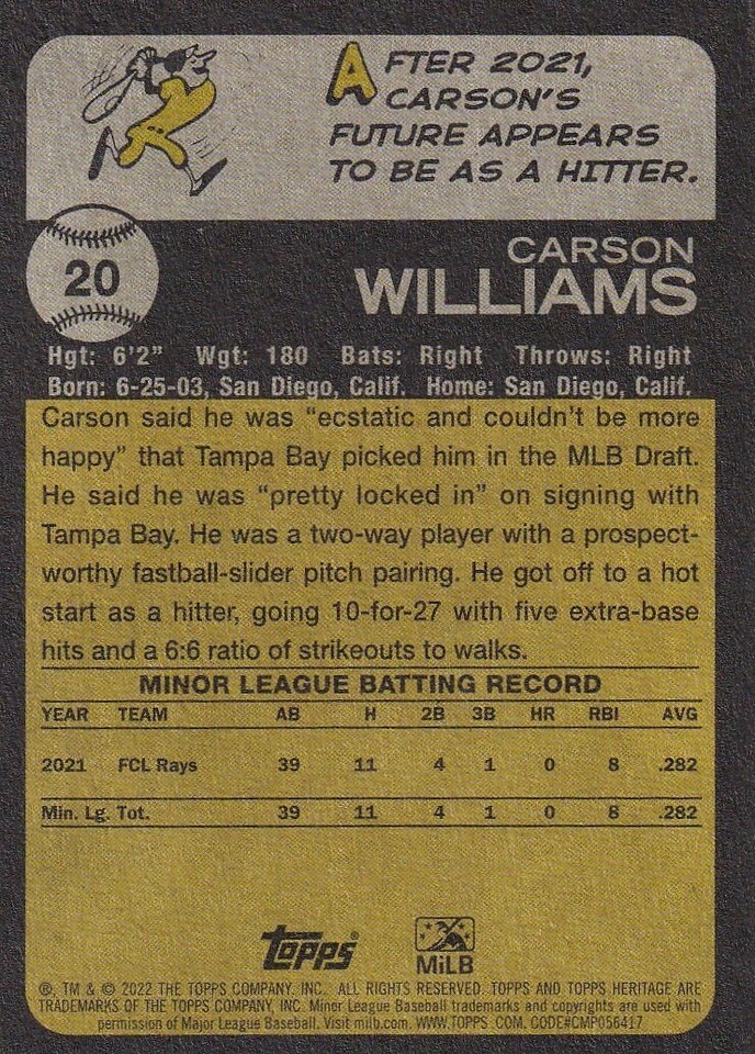 2022 Topps Heritage Minor League Carson Williams Baseball Card FCL Rays ...