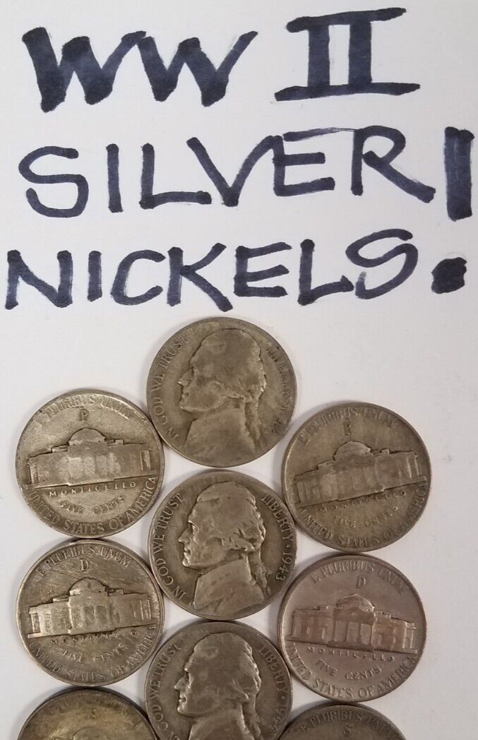192a4245M8408 WW2 SILVER LOT of 8 JEFFERSON WAR NICKELS 5 CENT 1942-45 ...
