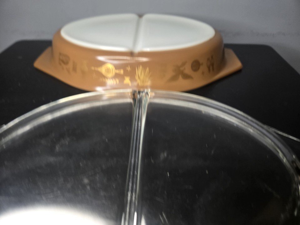 Vintage MCM Pyrex Early American 1.5 QT Oval Diveded Casserole Dish w ...