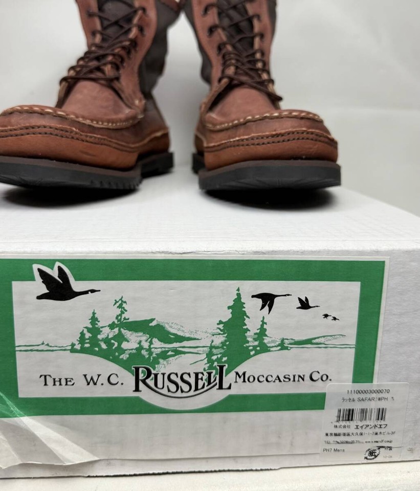 RUSSELL MOCCASIN Boots Nylon Canvas Leather Brown Safari Work Boots ...