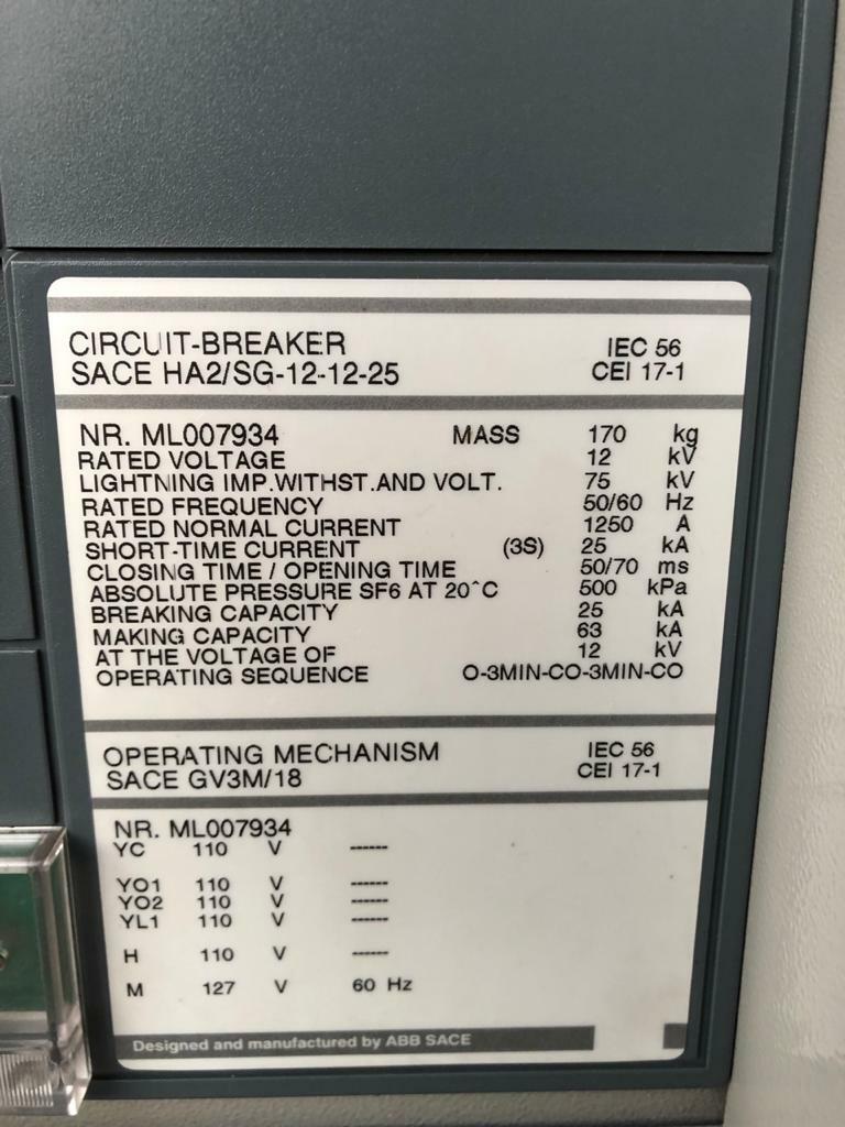 ABB SACE HA2/SG-12-12-25 CIRCUIT BREAKER RATED CURRENT 1250A VOLTAGE 12 ...