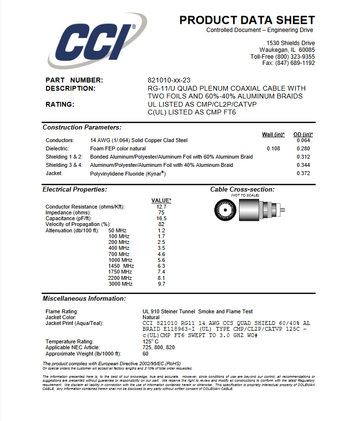 COLEMAN CCI 821010 RG11 14AWG QUAD SHIELD 60/40% CATV COMMUNICATION ...