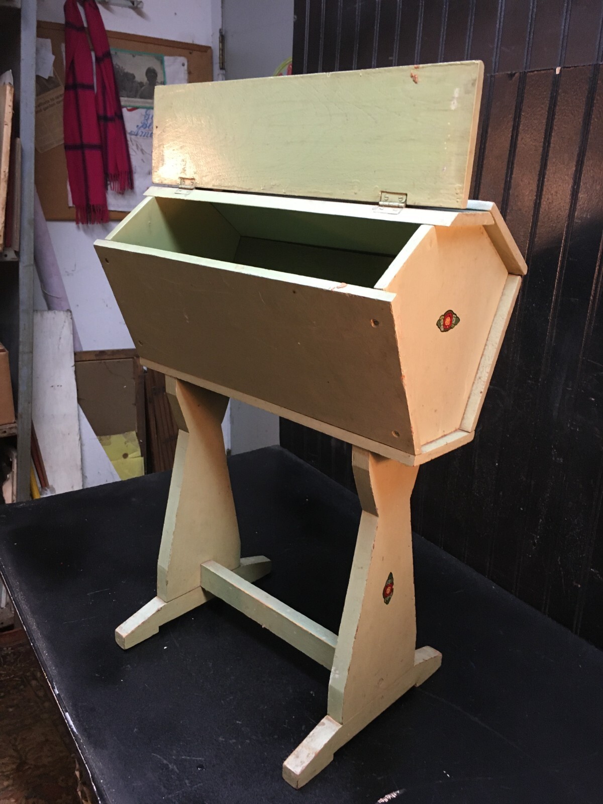 Vtg. Folk Art Wood flip top sewing box stand w/ handle handmade 24"x16 ...