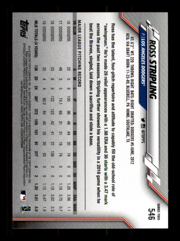 2020 Baseball Topps Ross Stripling Los Angeles Dodgers #546 | eBay
