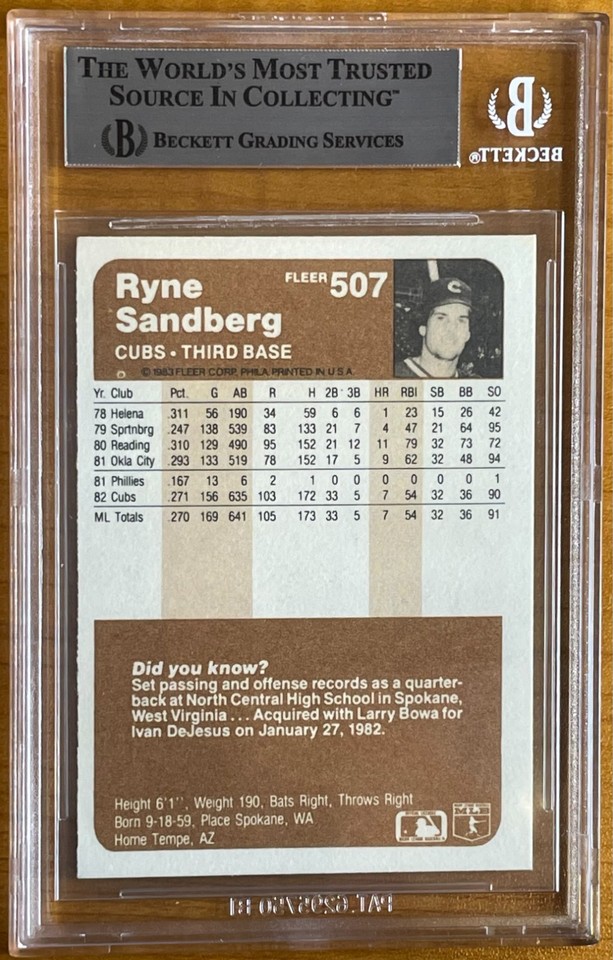 RYNE SANDBERG SIGNED 1983 FLEER ROOKIE CARD #507 BAS BGS AUTH AUTOGRAPH ...