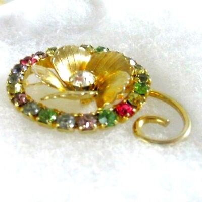 Vintage Multi Color Rhinestone Flower Curve Stem Gold Plated Brooch | eBay