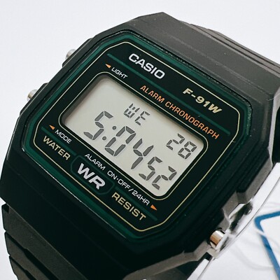 Casio Standard F-91W-3 Boys Watch Quartz Black Green Dial Digital Japan ...