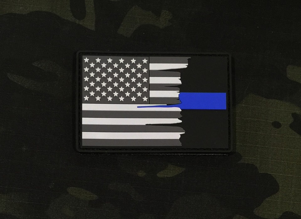 Subdued Tattered American Flag Thin Blue Line PVC Patch, Law ...