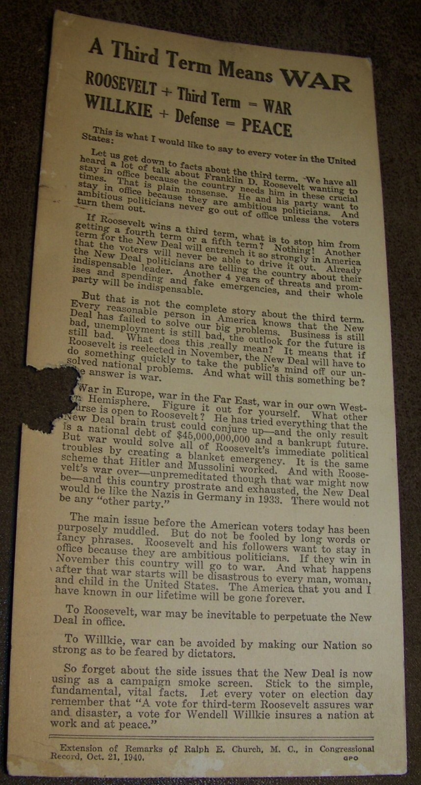 1940 ANTI FDR FRANKLIN ROOSEVELT FLYER HAND BILL WENDELL WILLKIEPECE ...