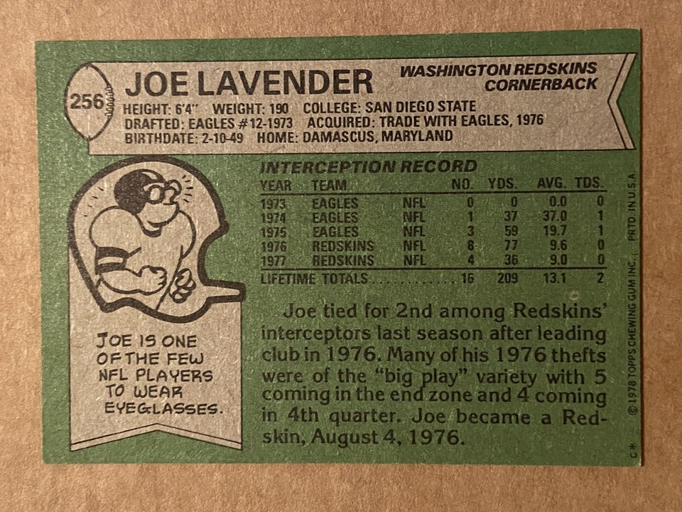 JOE LAVENDER Signed 1978 Topps #256 Redskins San Diego State Autograph ...