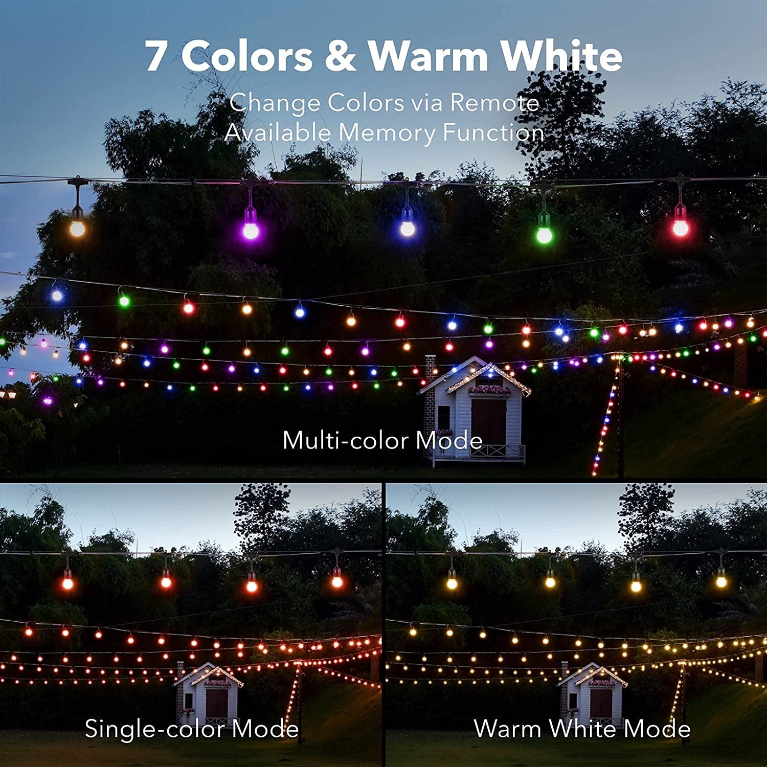 HBN 48ft Remote Controlled Outdoor String Lights RGBW，15 LED S14 Bulbs ...