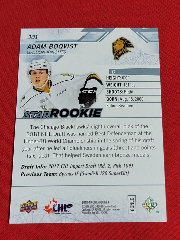 2018-19 Upper Deck CHL Adam Boqvist Silver Foil Star Rookies PRC #301 ...