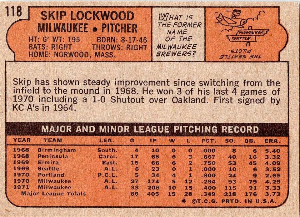 1972 Topps #118 Skip Lockwood Milwaukee Brewers Baseball Card | eBay