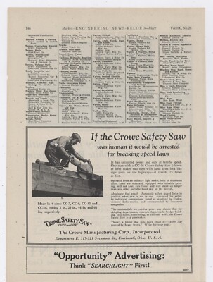 1928 Crowe Mfg. Co. Ad: Crowe Safety Saws - CC-7, 9, 12 & 16 Models ...