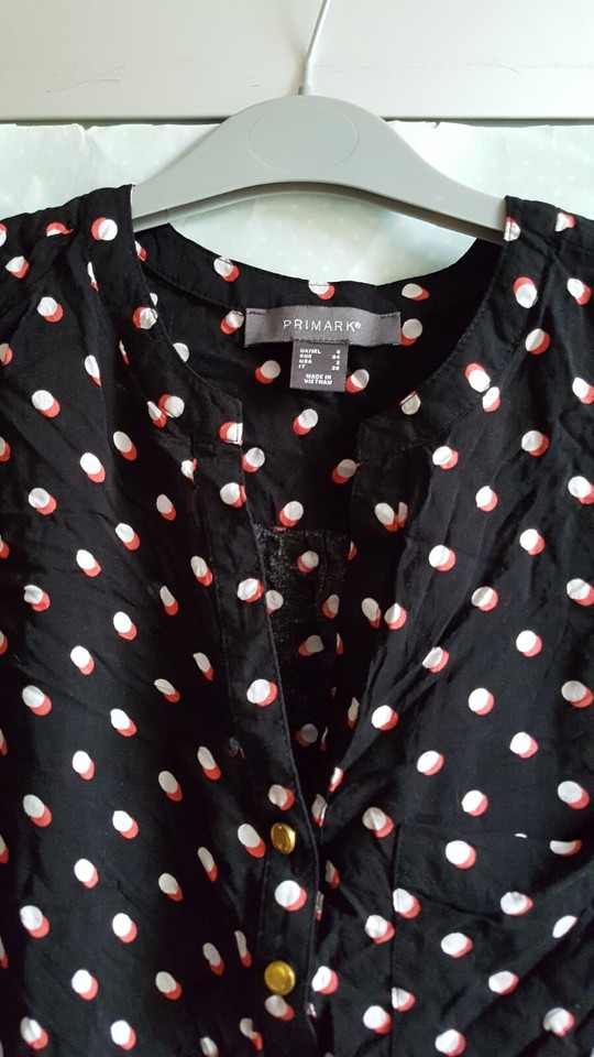 PRIMARK womens black white pink polka dots collared long sleeve long ...